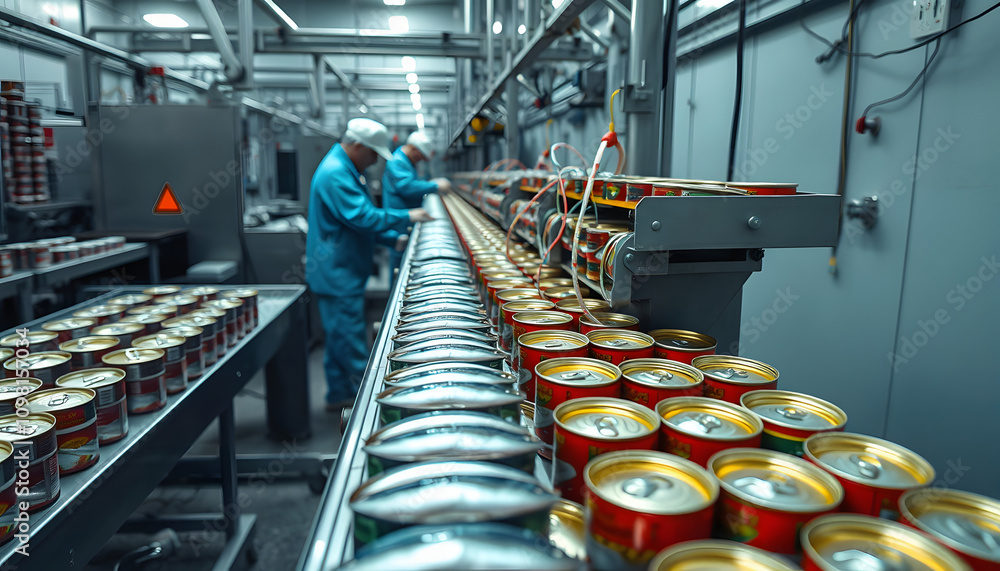 Canned fish factory. Food industry. Food processing production line ...