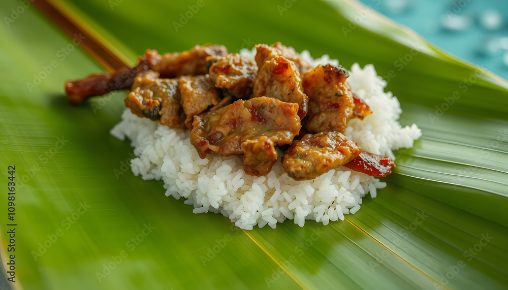 Fried meat with rice on a banana leaf, Bora Bora, French Polynesia ...