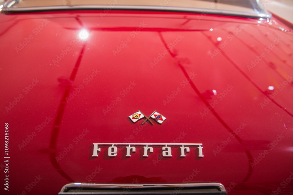 Modena, Italy - August 23, 2023 Close up on car emblem on Ferrari 250 ...