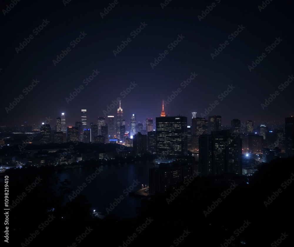 City skyline at night with uneven illumination and dark shadows Stock ...