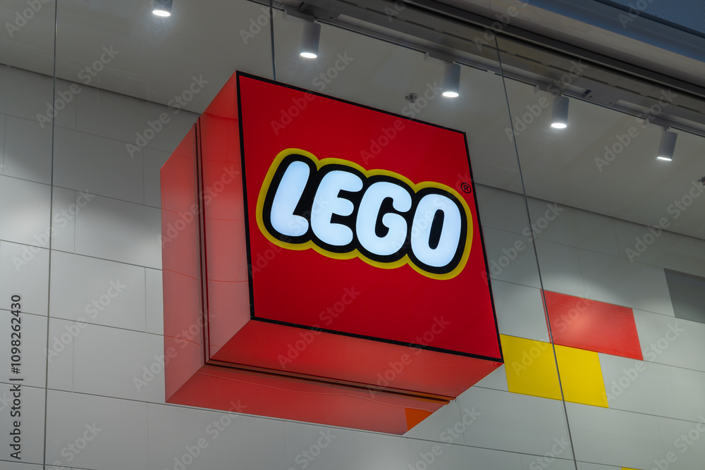 Lego shop, square logo sign above the entrance, Lego manufactures Lego ...