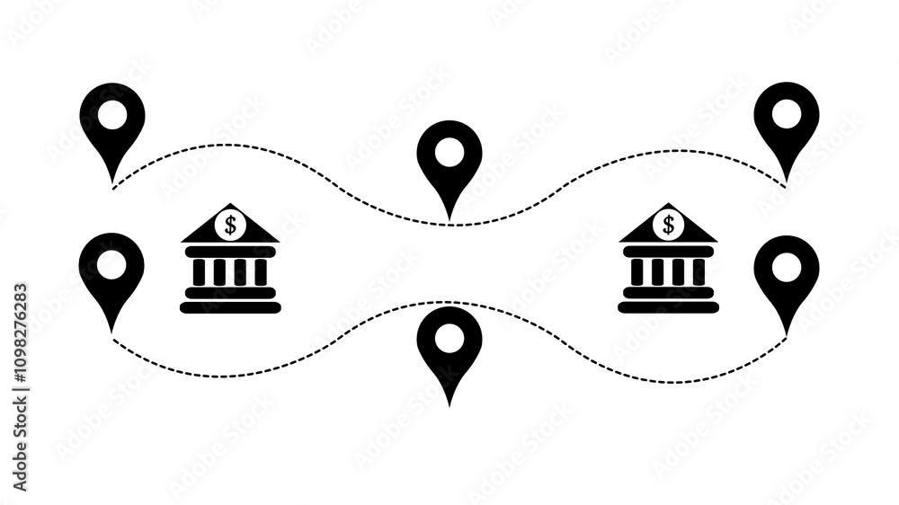 bank icon and location symbols set. Mapping icon collection. Geo ...