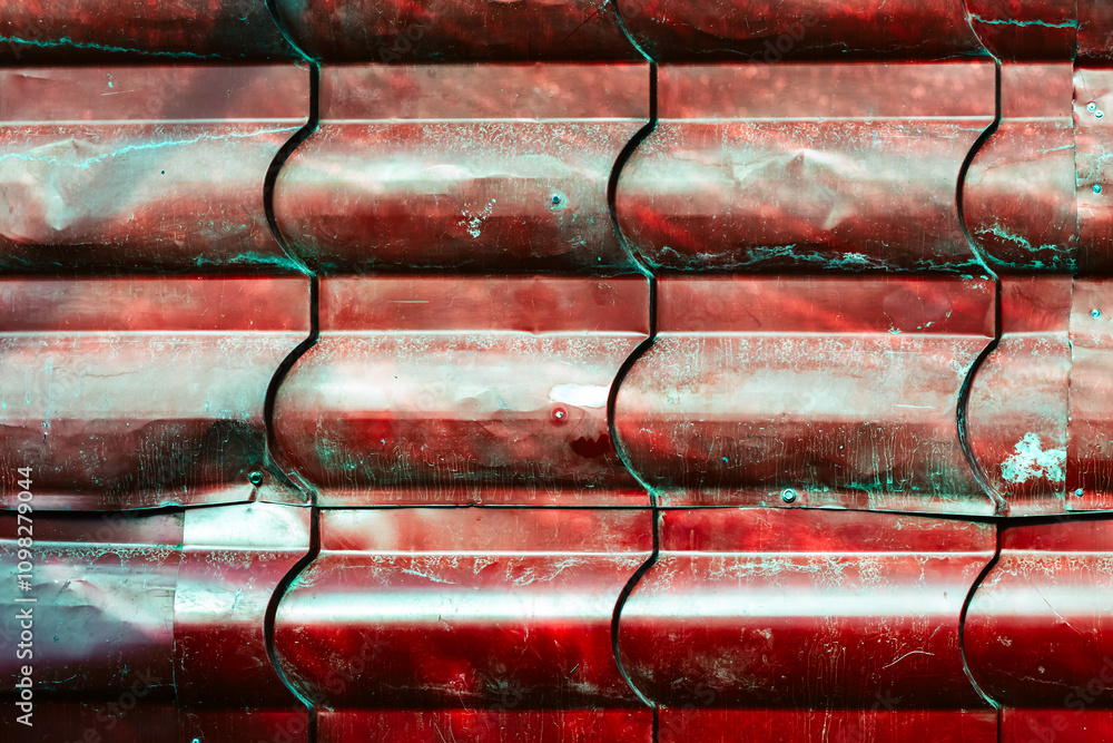 Artistic of old red metal tile fence background. Fence from corrugated ...