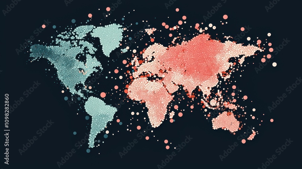 A world map with color coded regions representing population density ...