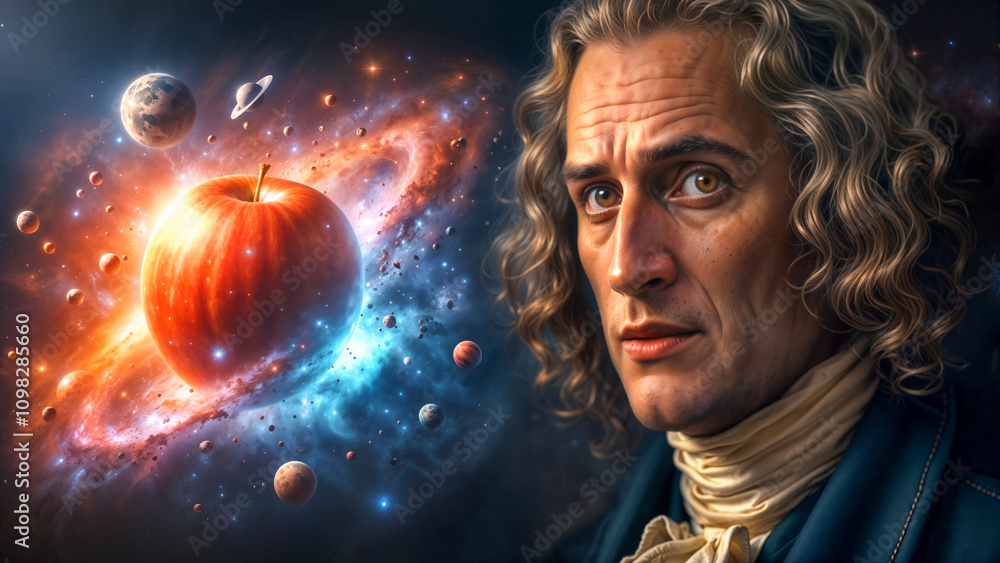 Isaac Newton, portrait of famous polymath with cosmic setting, glowing ...