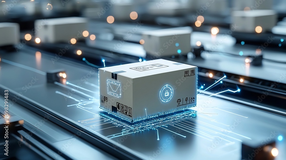 Futuristic delivery box with a luminous map design on a conveyor belt ...