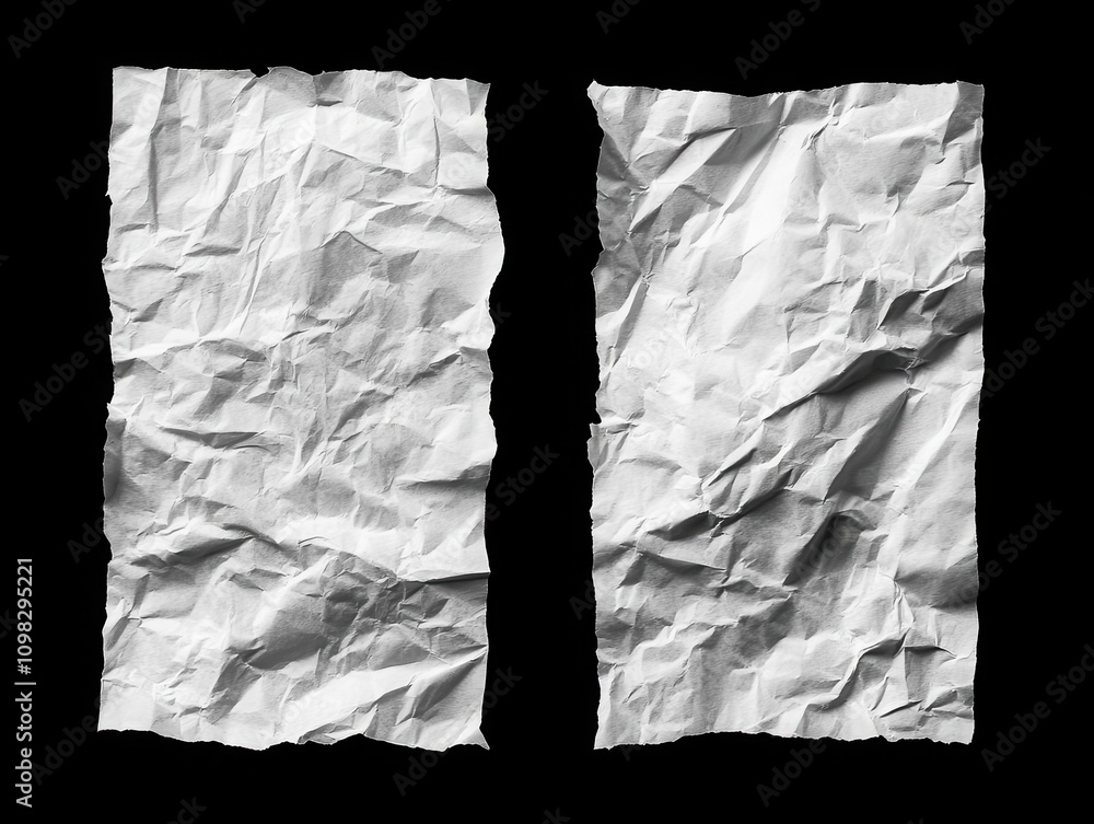crumpled and creased white paper poster templates displayed on a stark ...