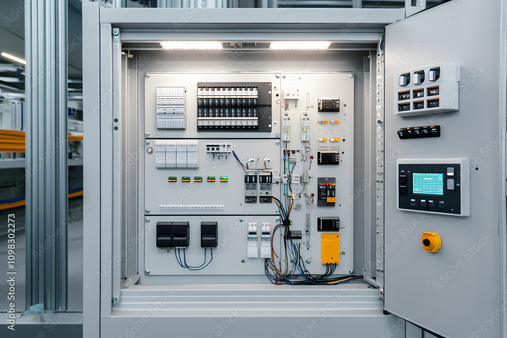 Modern electrical control panel with digital display and circuit ...