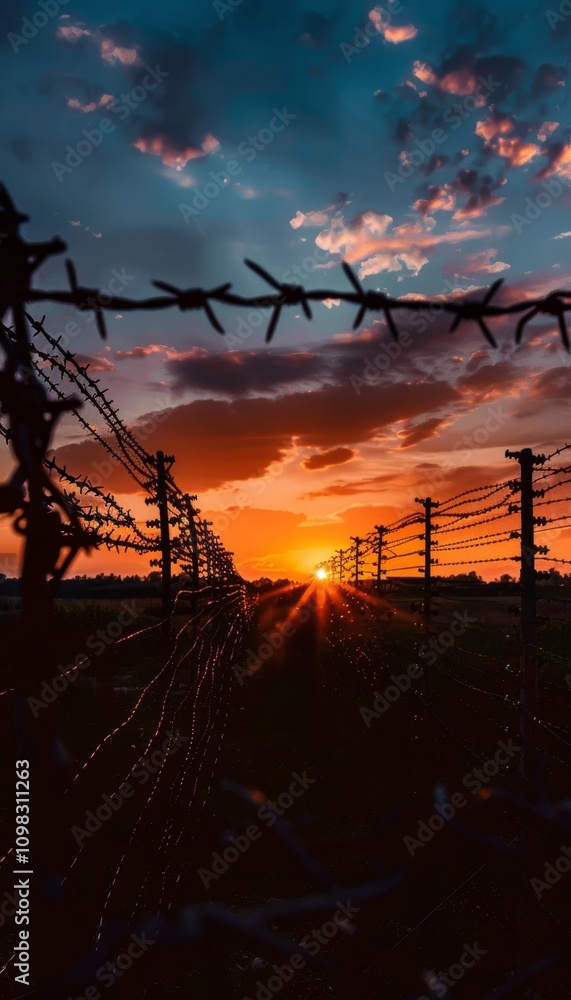 World war i trench silhouetted against a dramatic sunset with barbed ...