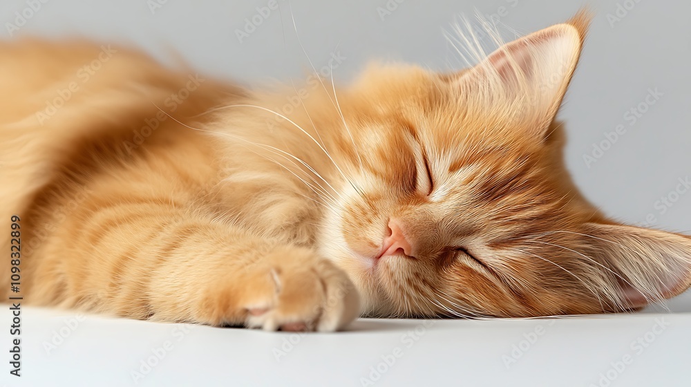 Adorable ginger cat peacefully sleeping on a soft surface, showcasing a ...