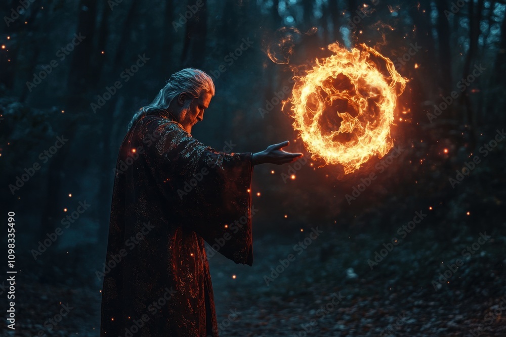 Mage casting a fireball spell in a dark forest with intricate robe ...