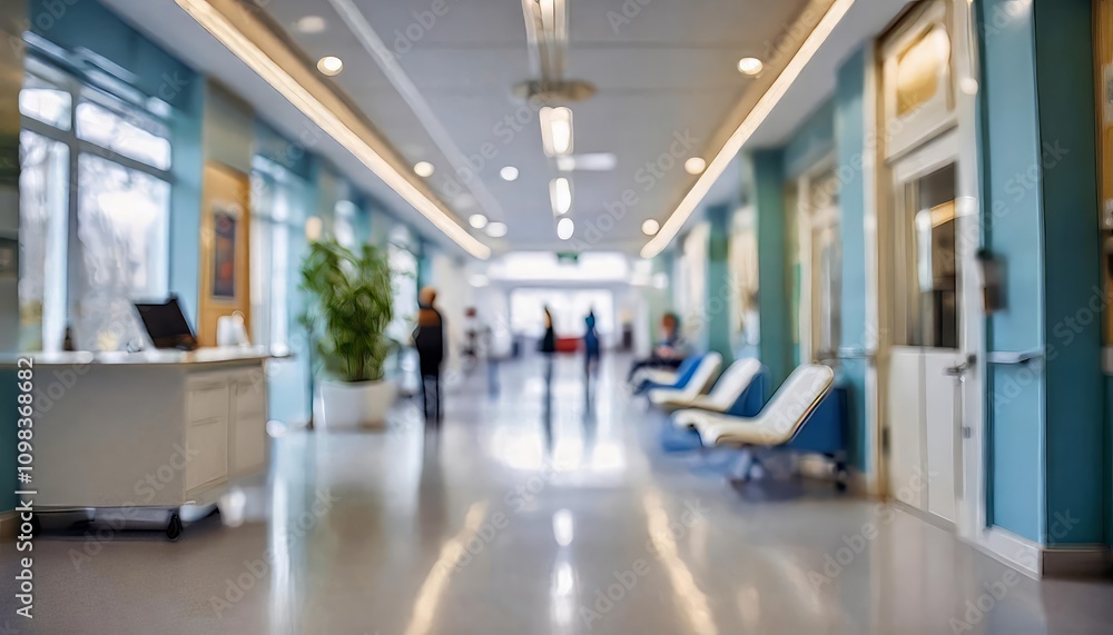 Modern hospital hallway with reception area and clinic entrance ...