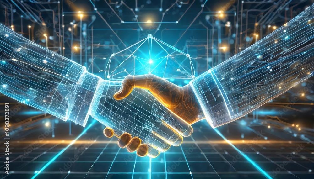 Innovative Wireframe Glowing Hands in a Handshake Depicting Technology ...