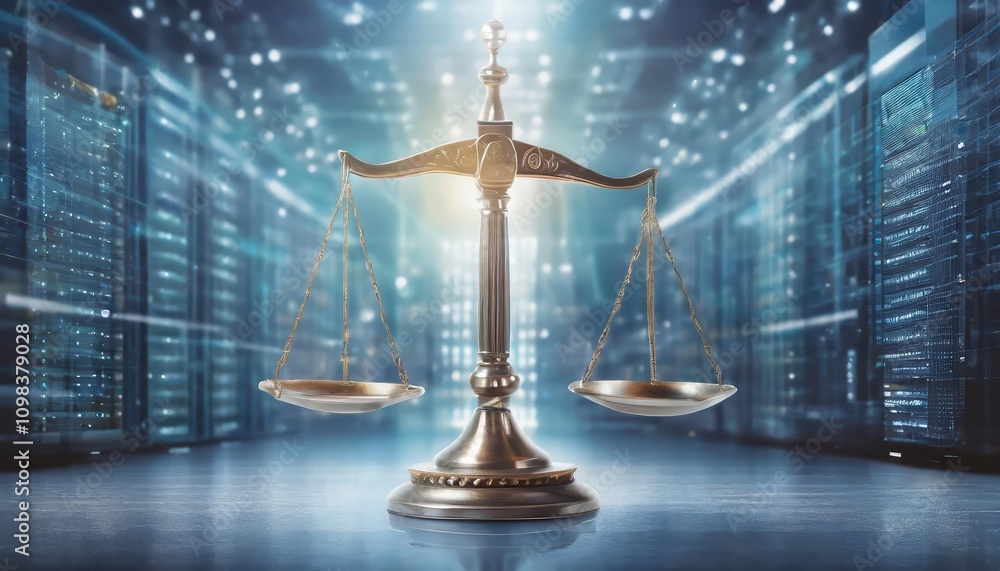 Law scales in a data center backdrop representing digital law and ...