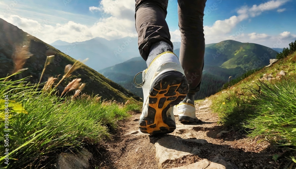 Adventurous man hiking a rugged mountain trail captured in detail with ...