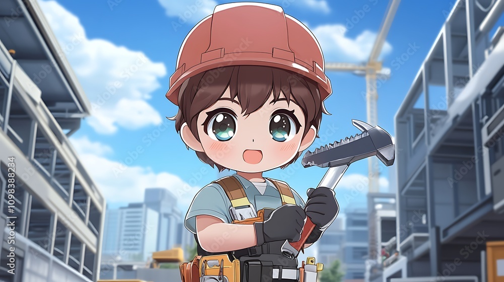 Adorable Anime Construction Worker: Digital Illustration of a Cute ...