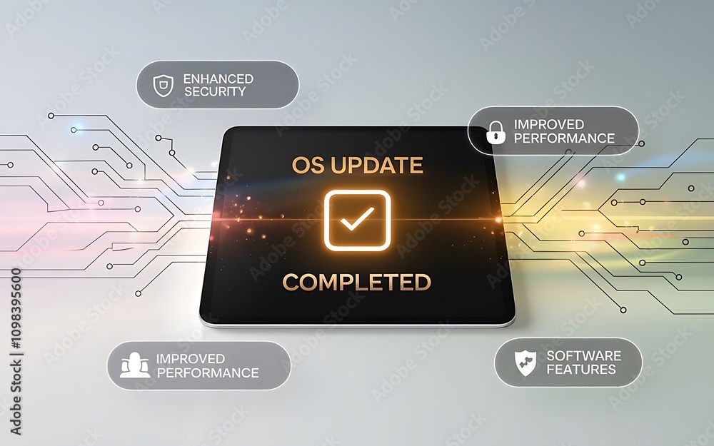 OS Update Complete: A sleek, modern tablet displays the message "OS Update Completed ...