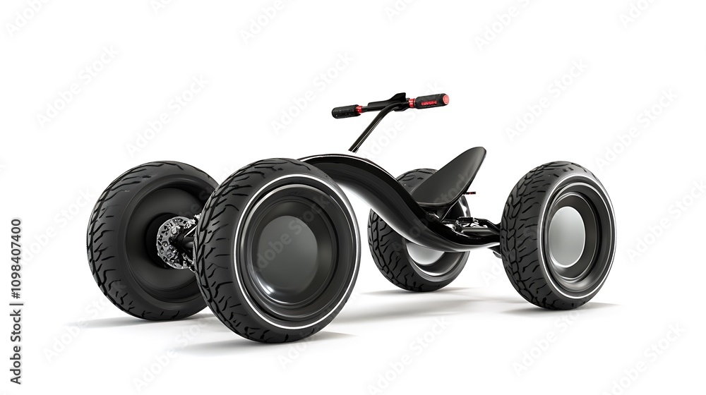 A modern tricycle with three large tires and a simple design, displayed ...