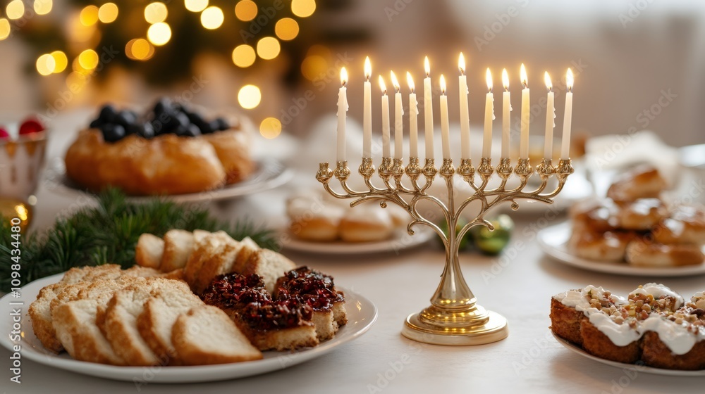 Foto de jewish holiday decorations, elegant hanukkah menorah shines ...