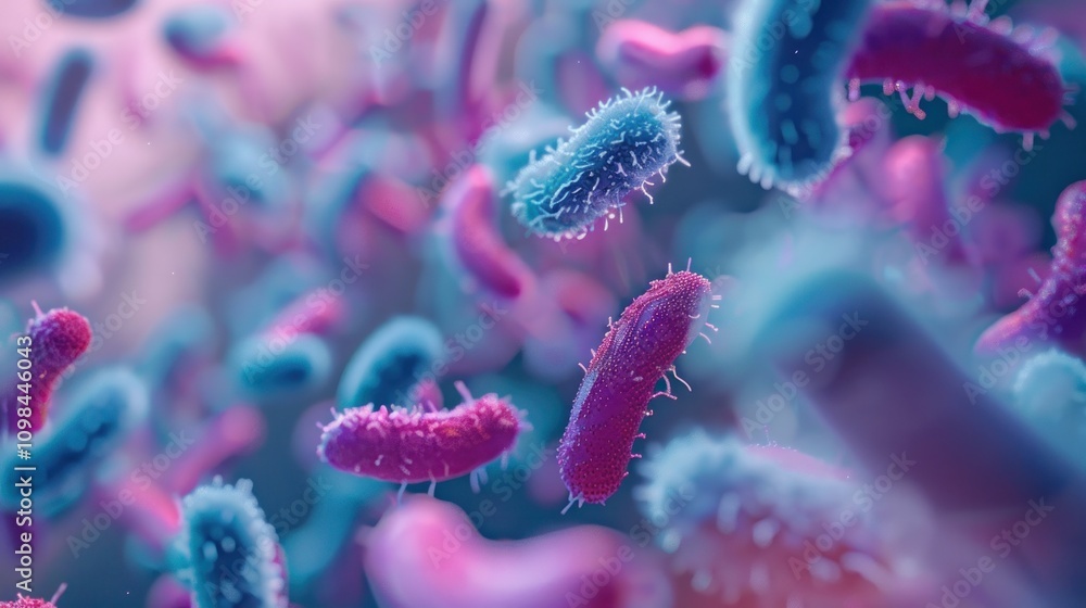 photograph of close up of 3d microscopic blue and pink bacteria ...