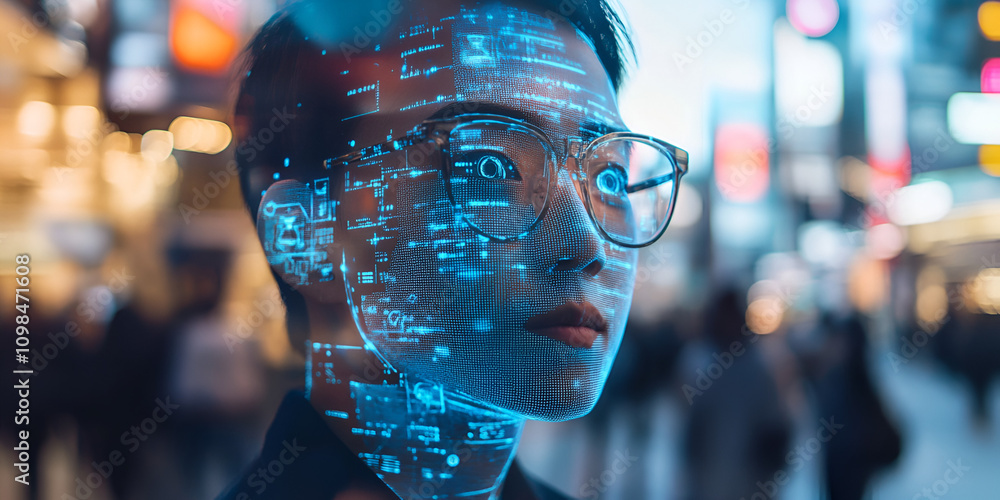 Digital Persona in Urban Night: A futuristic portrait of a young Asian ...