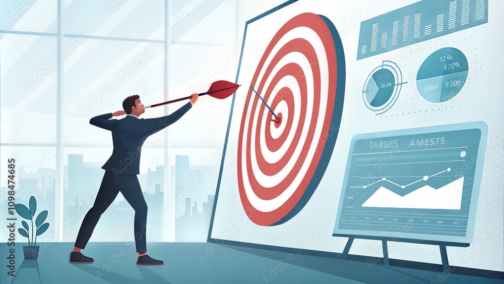 Businessman throwing red arrow dart to virtual target dart board. Setup ...