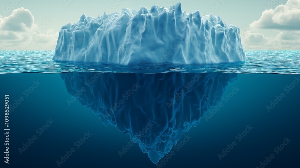 iceberg, showing its small visible tip above the water and its massive ...