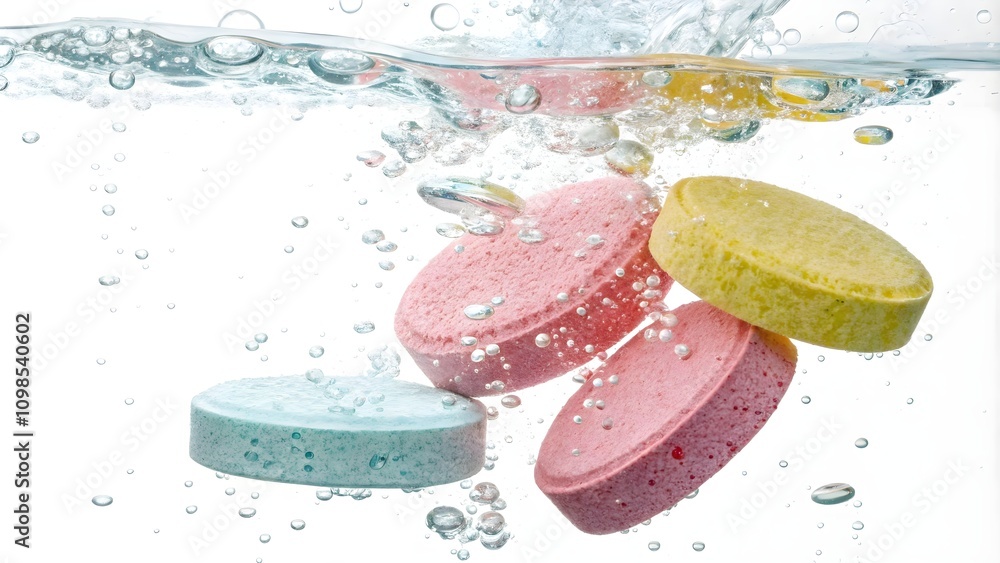 Effervescent tablets dissolving in water, cut out, dissolving ...