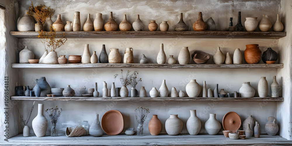 Artisan pottery collection, handmade pottery assortment, rustic ceramic ...