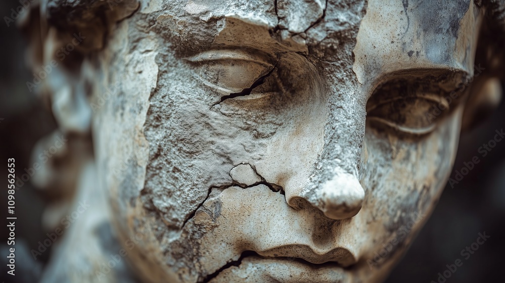 Cracked classical portrait of antique sculpture. Visual symbol of memory erosion psychological ...