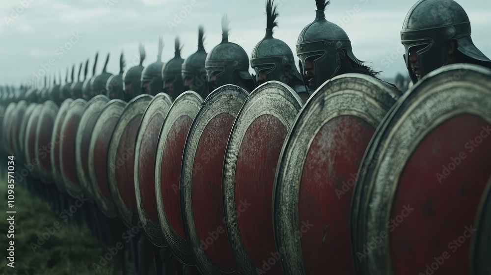 Dramatic Scene of Spartan Warriors in Phalanx Formation Advancing with ...