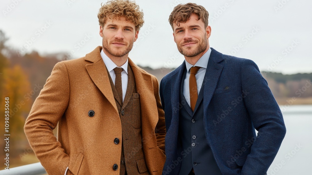 Against an autumnal lakeside setting, two men in elegant suits exude ...