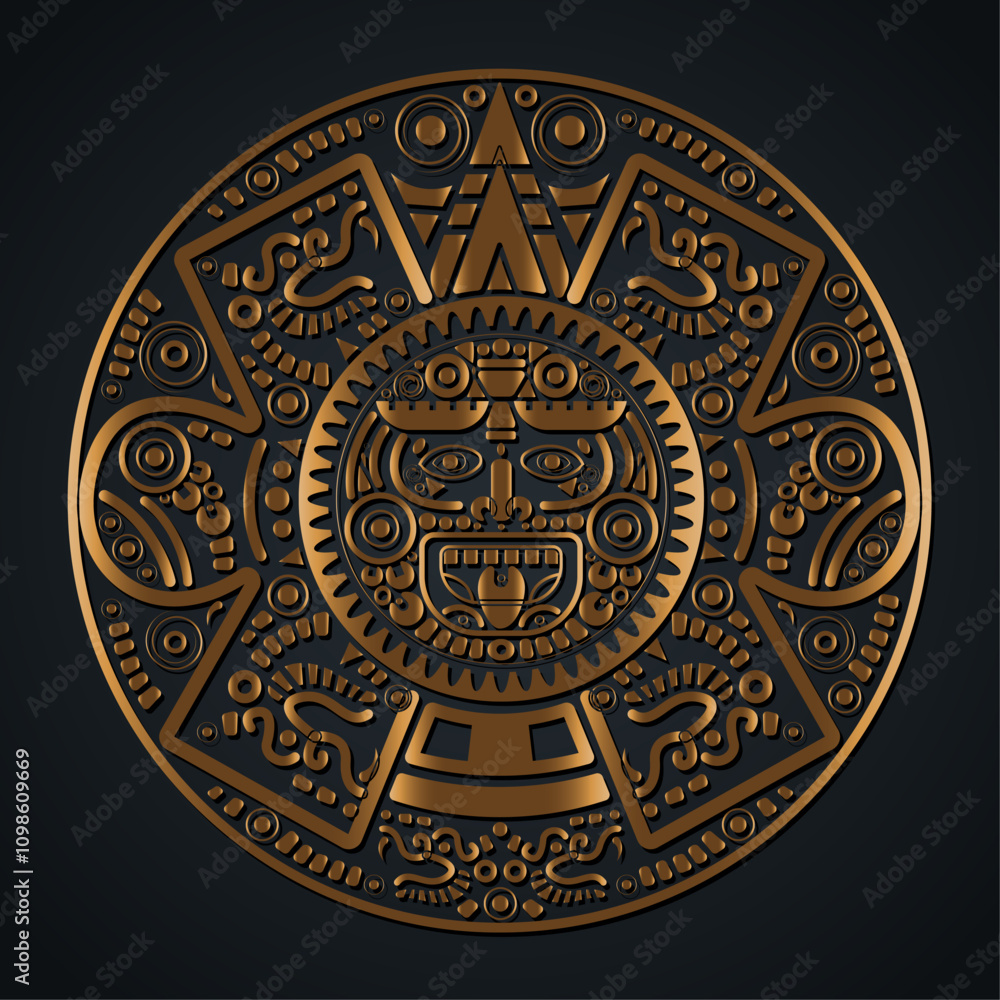 Sacred Aztec wheel calendar Mayan sun god, golden Maya symbols ethnic ...