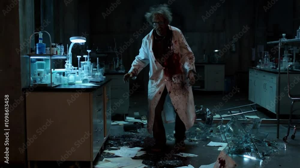 A chilling horror scene featuring a grotesque, stumbling zombie ...