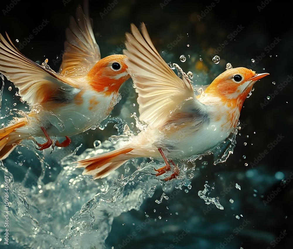 two small, vibrant birds with orange and white feathers, captured mid ...