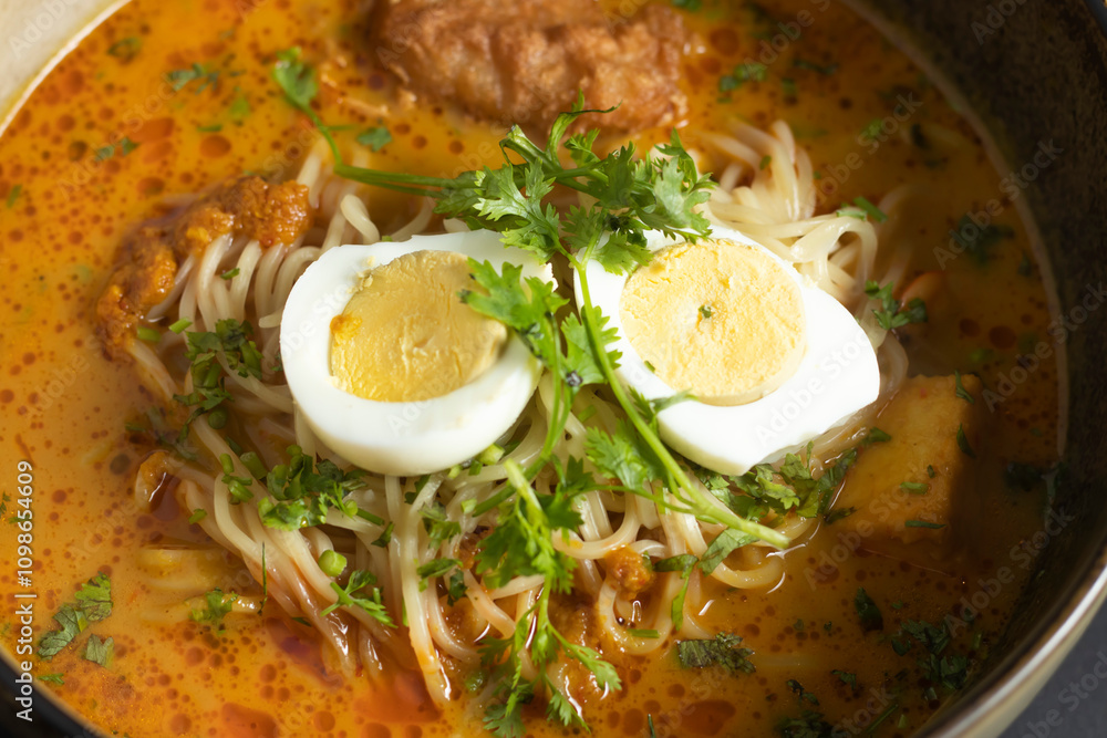 Laksa Noodle Soup rich with coconut milk topped with noodles, tofu ...