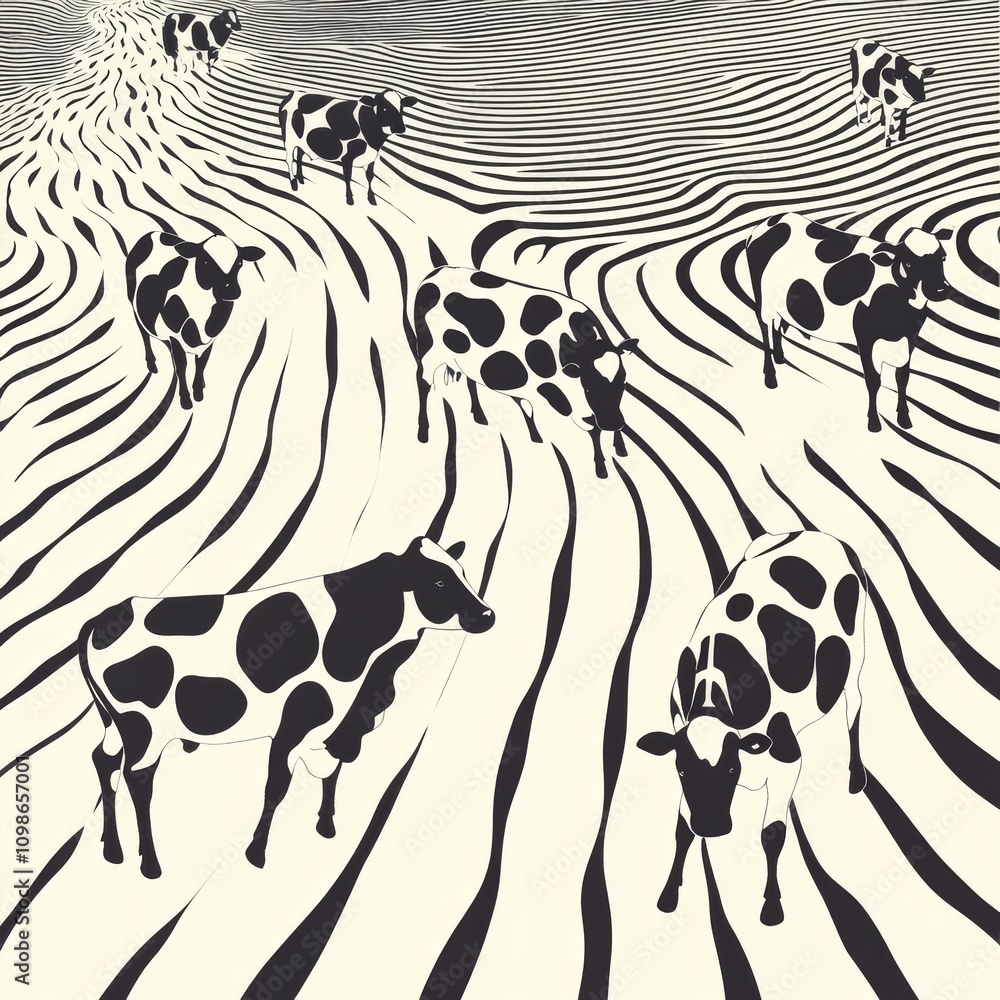 Surreal black and white illustration of cows on a wavy, optical ...