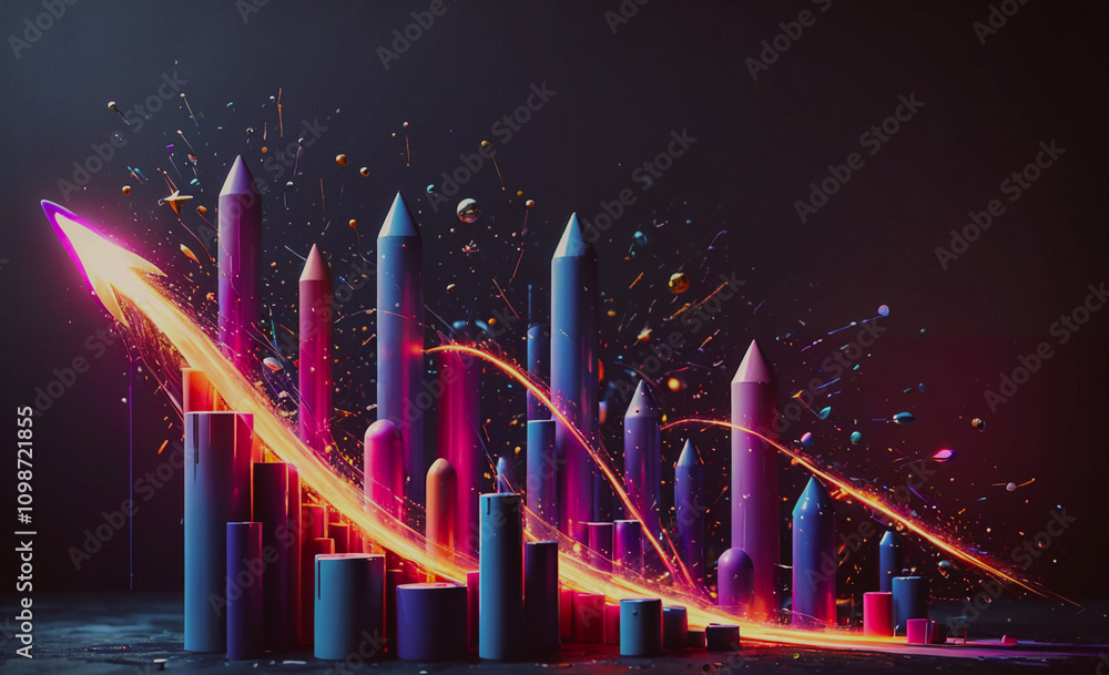 A colorful city skyline with a bright red arrow pointing upwards ...