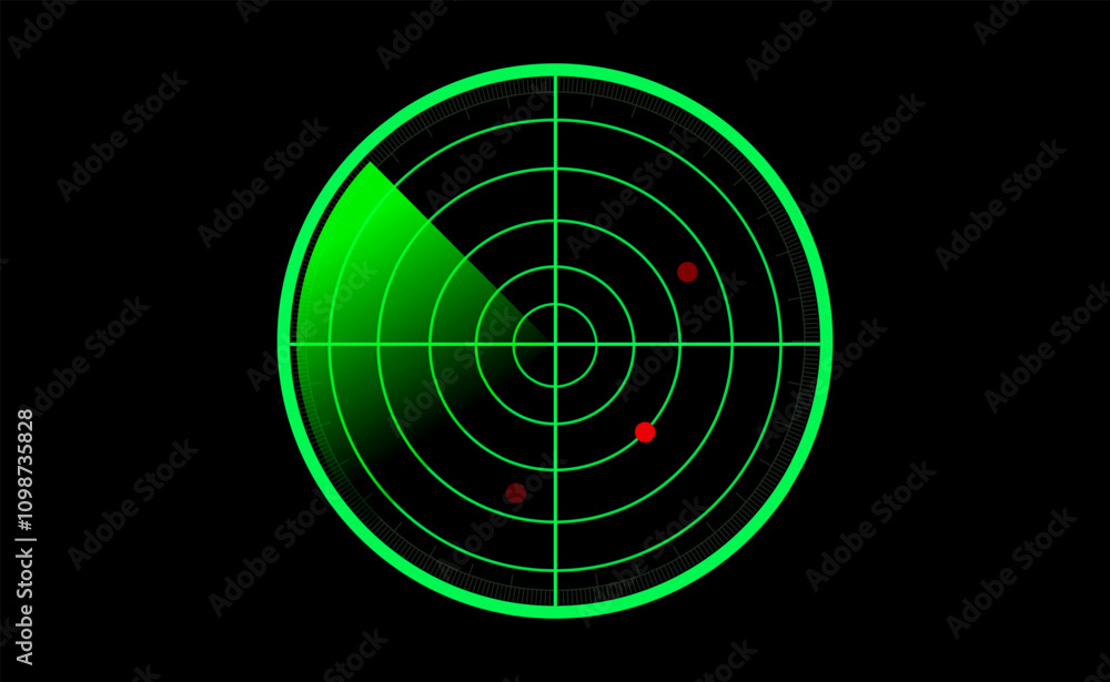 Digital green realistic radar with targets on searching monitor ...