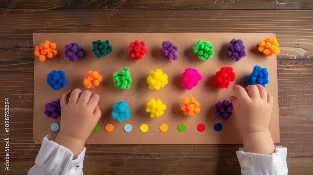 Child arranging colorful pom-poms on a cardboard with floral shapes ...