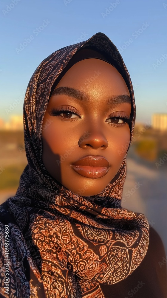 black woman wearing hijab, basking in natural light, representing ...