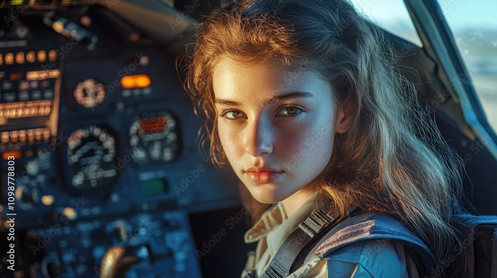 Young female pilot in cockpit, focused expression with soft lighting ...