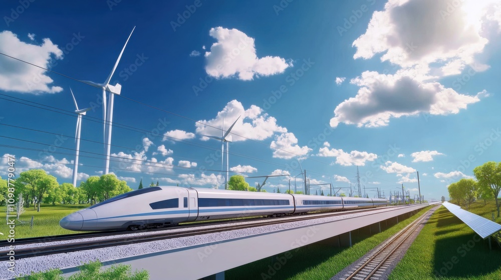 An imaginative 3D animation of a high-speed train traveling through a ...