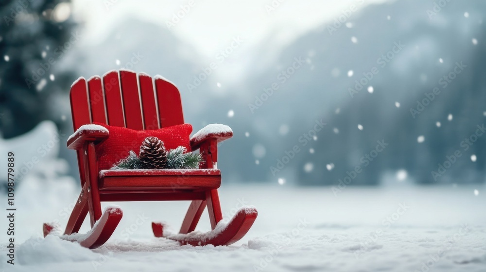 Red Wooden Rocking Chair with Cushion and Pine Cone Decor in Snowy ...