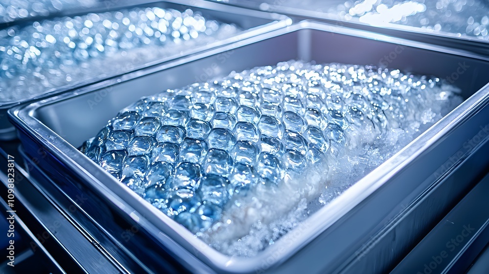 Close-up of frozen river fish packed in a sleek, commercial freezer ...