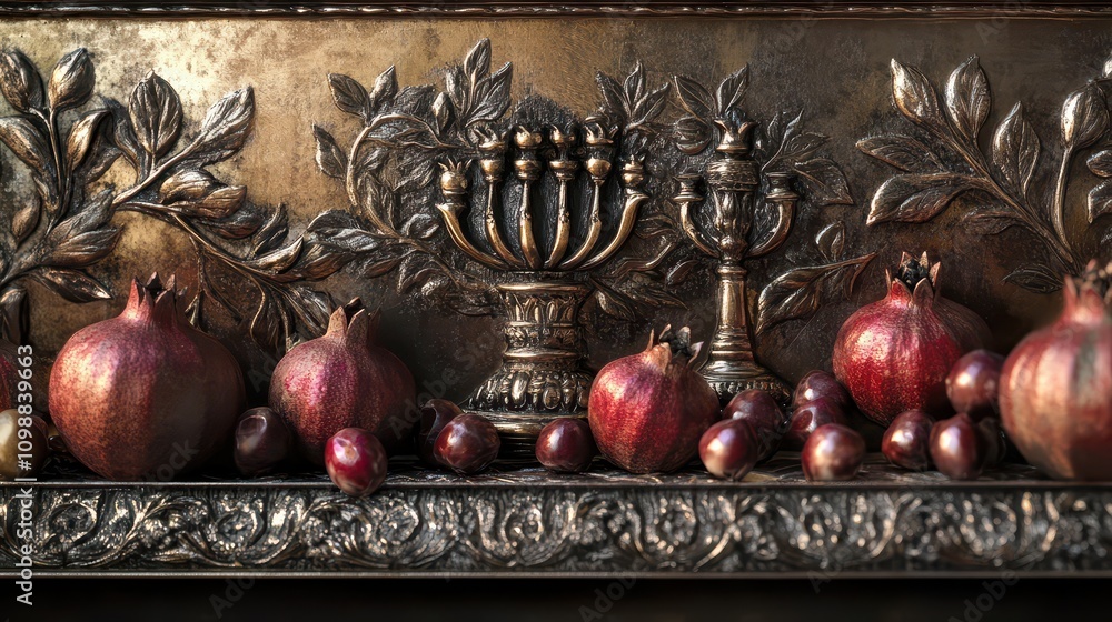 Intricate Judaica Border Design: Filigree Menorahs and Pomegranates ...