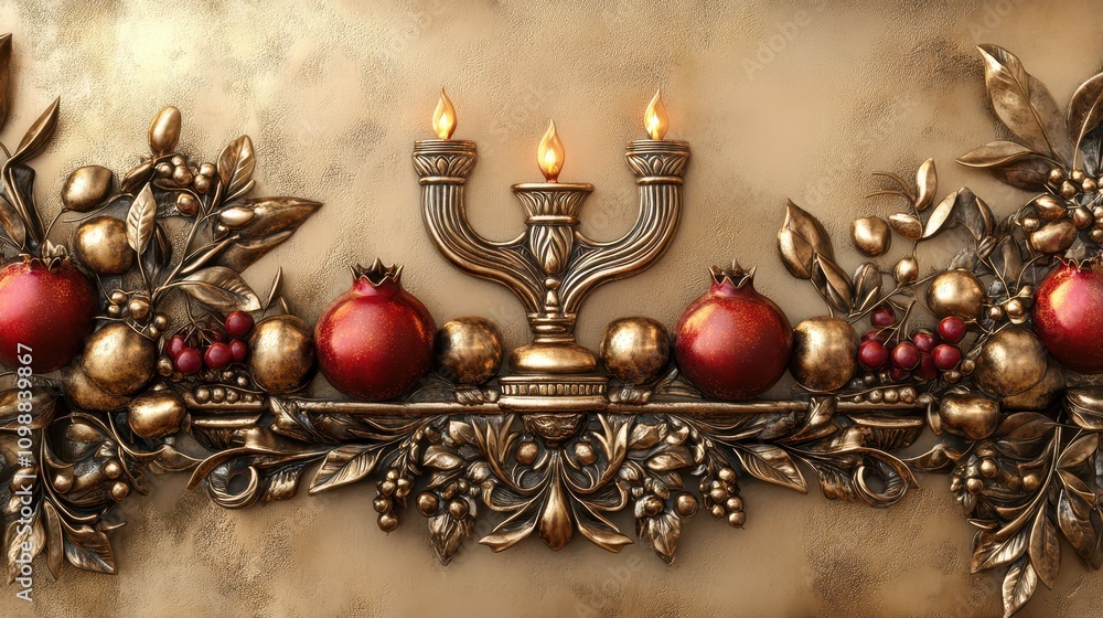 Intricate Judaica Border Design: Filigree Menorahs and Pomegranates ...