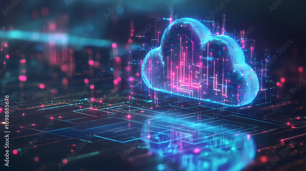 Futuristic holographic cloud interface neon data streams exploded 3d ...