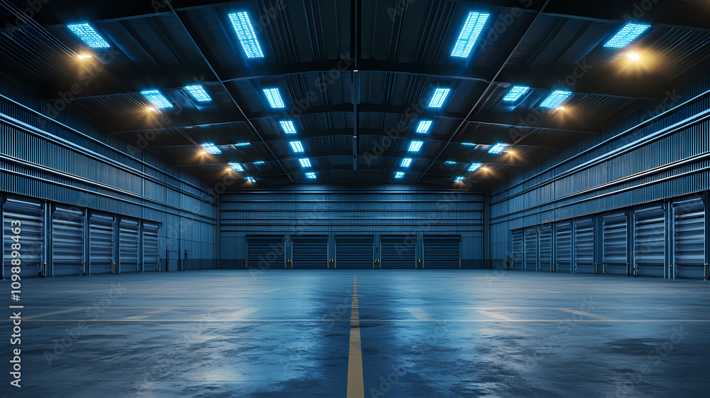 Garage background. dark empty warehouse. blue led spotlights on hangar ...