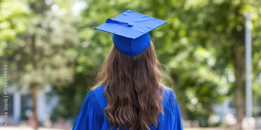 proud graduating girl stands with her back to the camera, wearing a cap ...